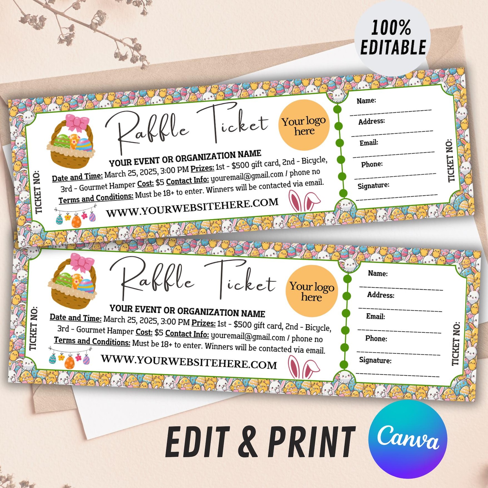 Easter Editable Raffle Event Ticket Template, Custom DIY Surprise ...