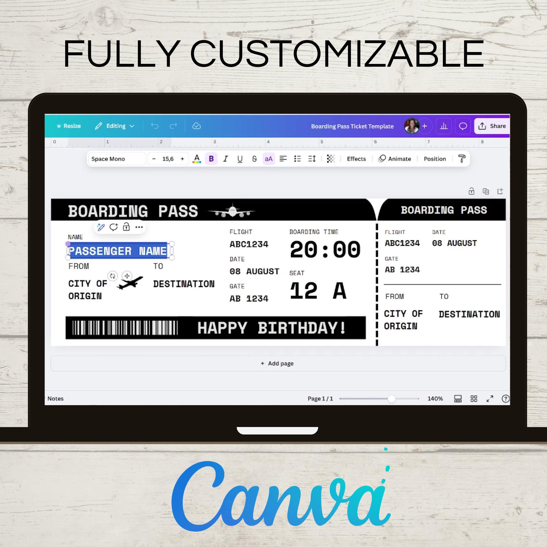 Printable Boarding Pass Airline Ticket, Flight Tickets, Editable Custom ...