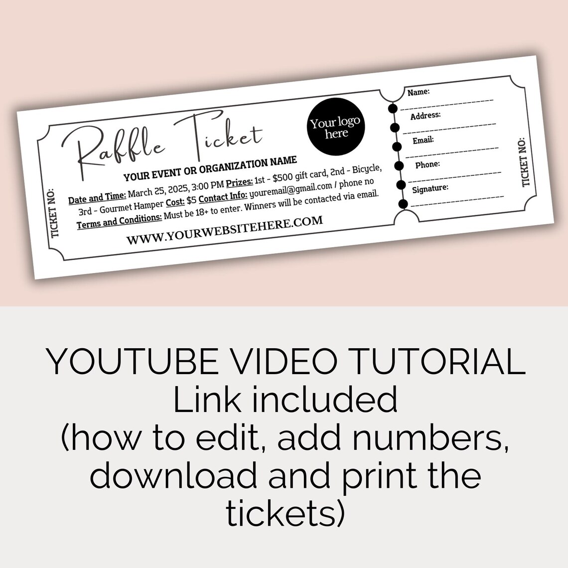 Editable Raffle Event Ticket Template, Raffle Ticket Form, Digital ...