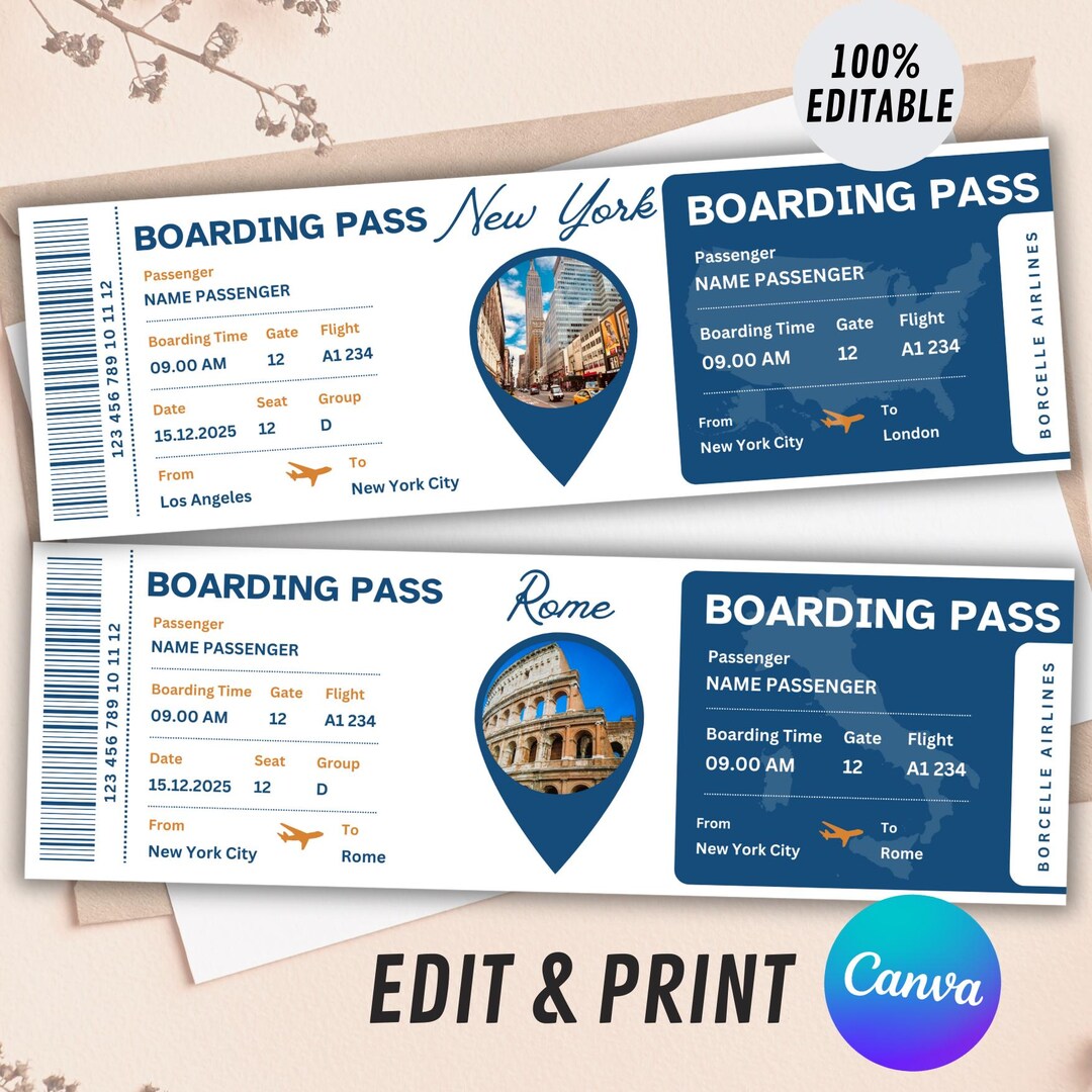 Editable Boarding Pass Canva Template, Flight Tickets, Printable Custom ...