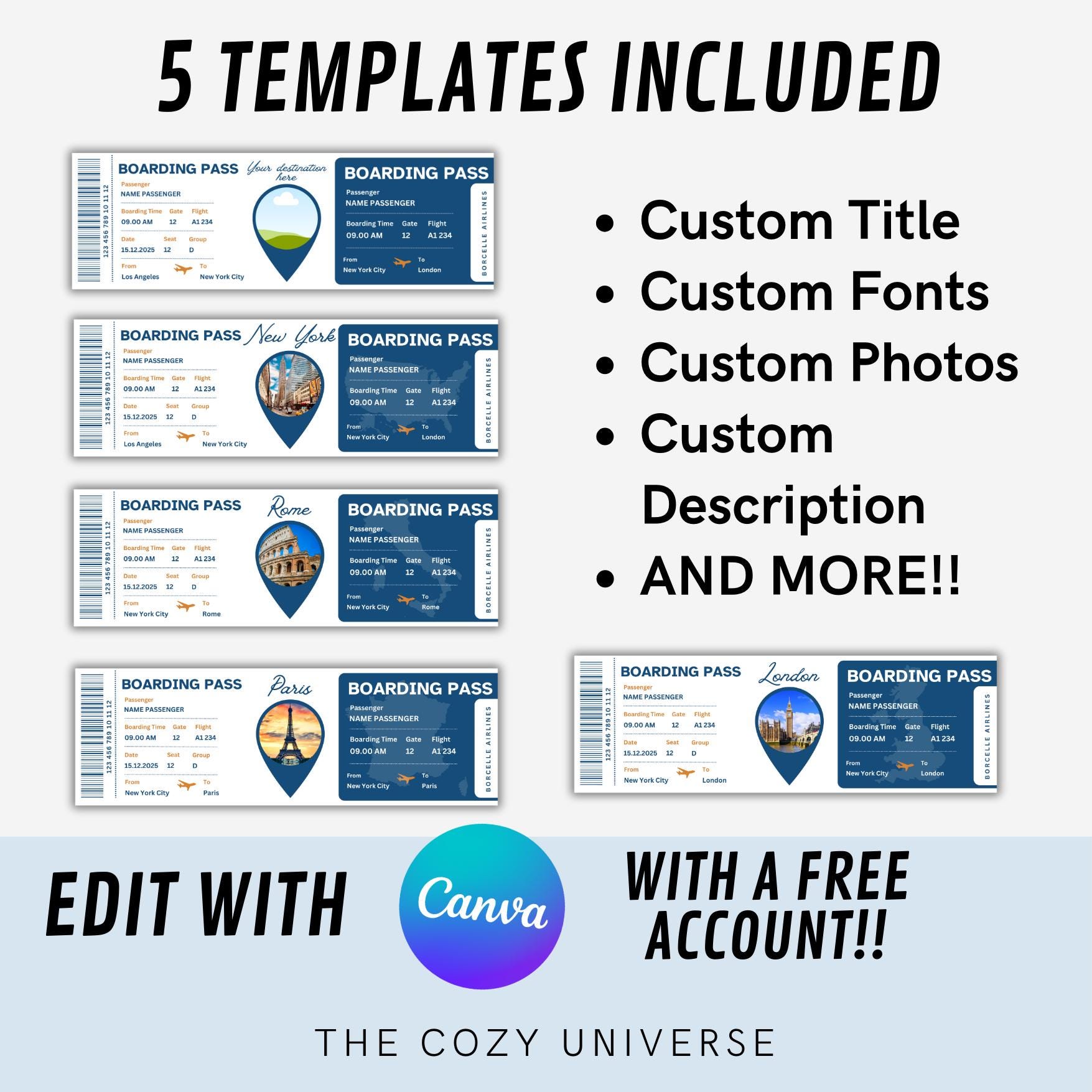 Editable Boarding Pass Canva Template, Flight Tickets, Printable Custom ...