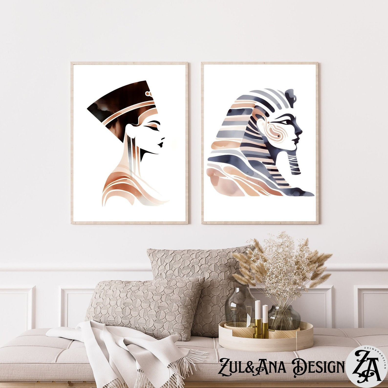 Queen Nefertiti and Sphinx Digital Prints, Watercolor Egyptian ...