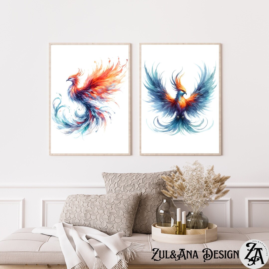 2 Watercolor Phoenix Wall Art Prints, Firebird Printable Wall Decor ...