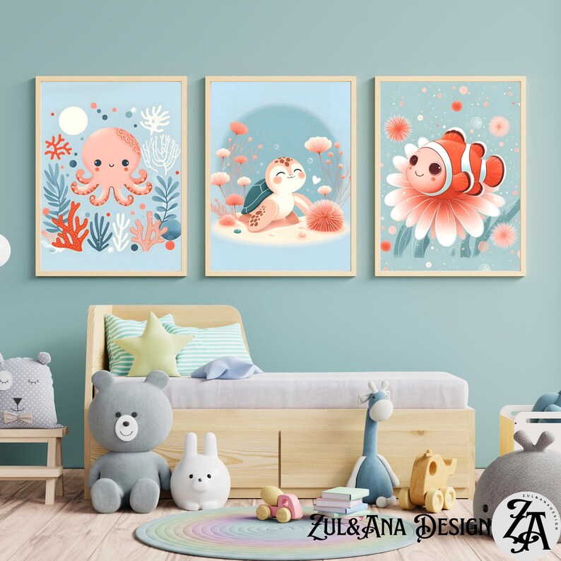 Aquatic Printable Wall Art, 3 Ocean Animals Digital Prints, Under the ...