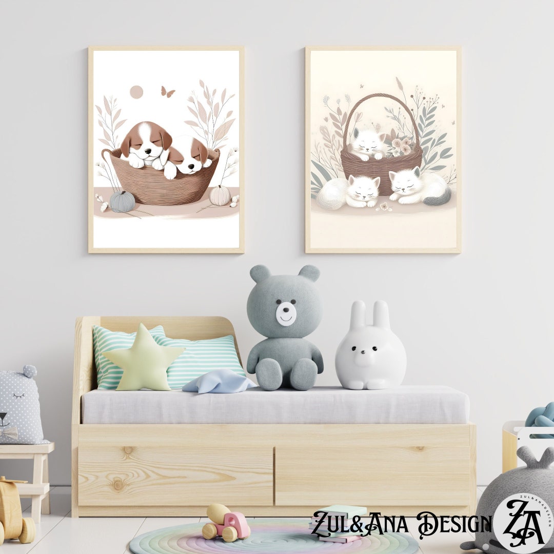 Puppies and Kittens Sleeping in a Basket Boho Nursery Wall Art, Baby ...