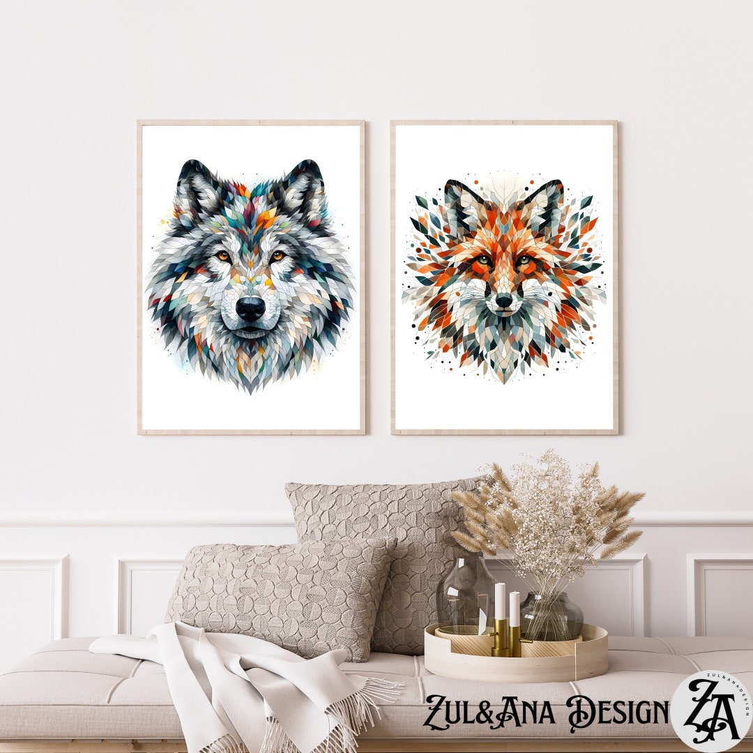 Mosaic Wolf and Fox Prints, 2x Wild Animal Printable Wall Art, Abstract ...