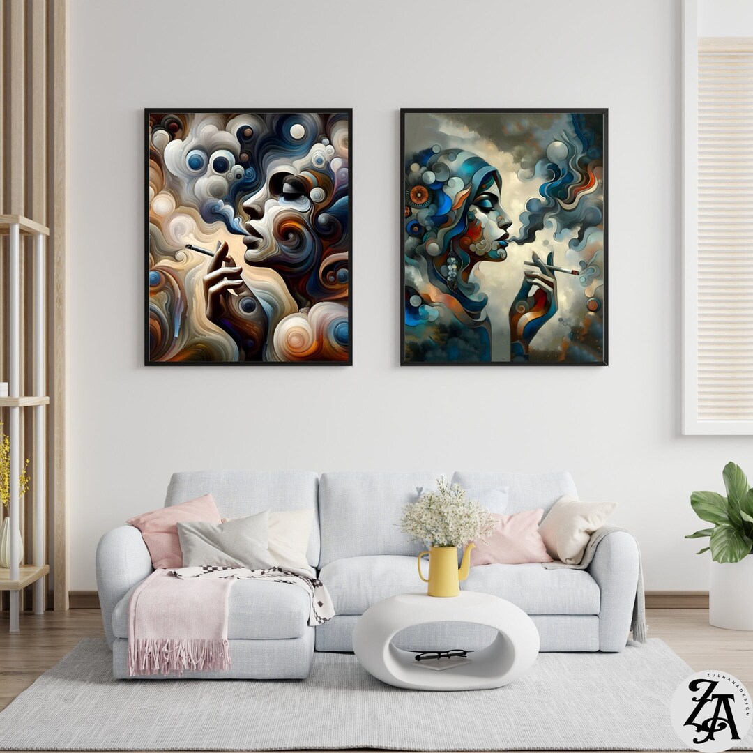 Abstract Woman Smoking Digital Print, Abstract Smoke Art Wall Decor ...