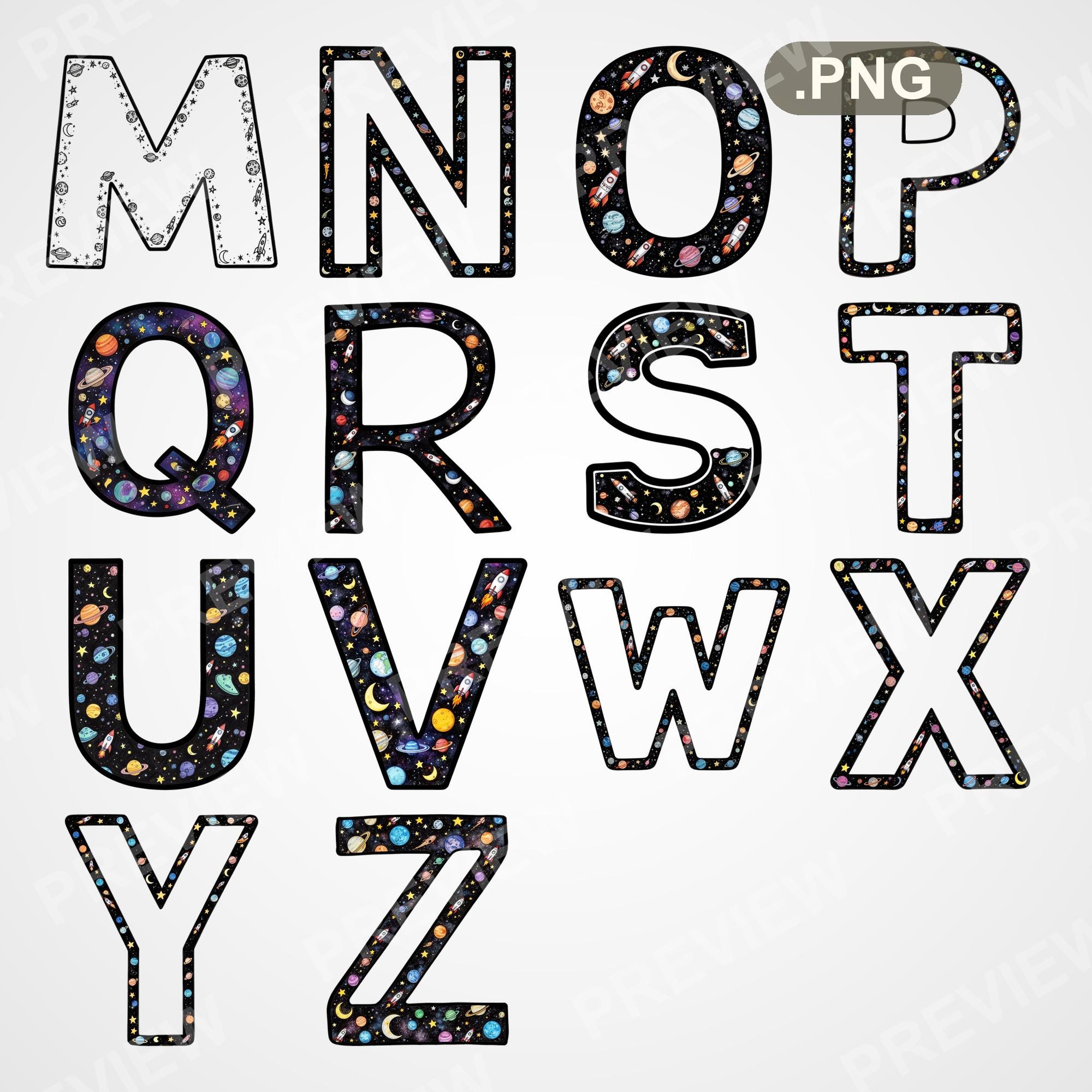 Space Galaxy Fillable Alphabet Clipart PNG (A-Z, 0-9) – Cosmic Outlined ...