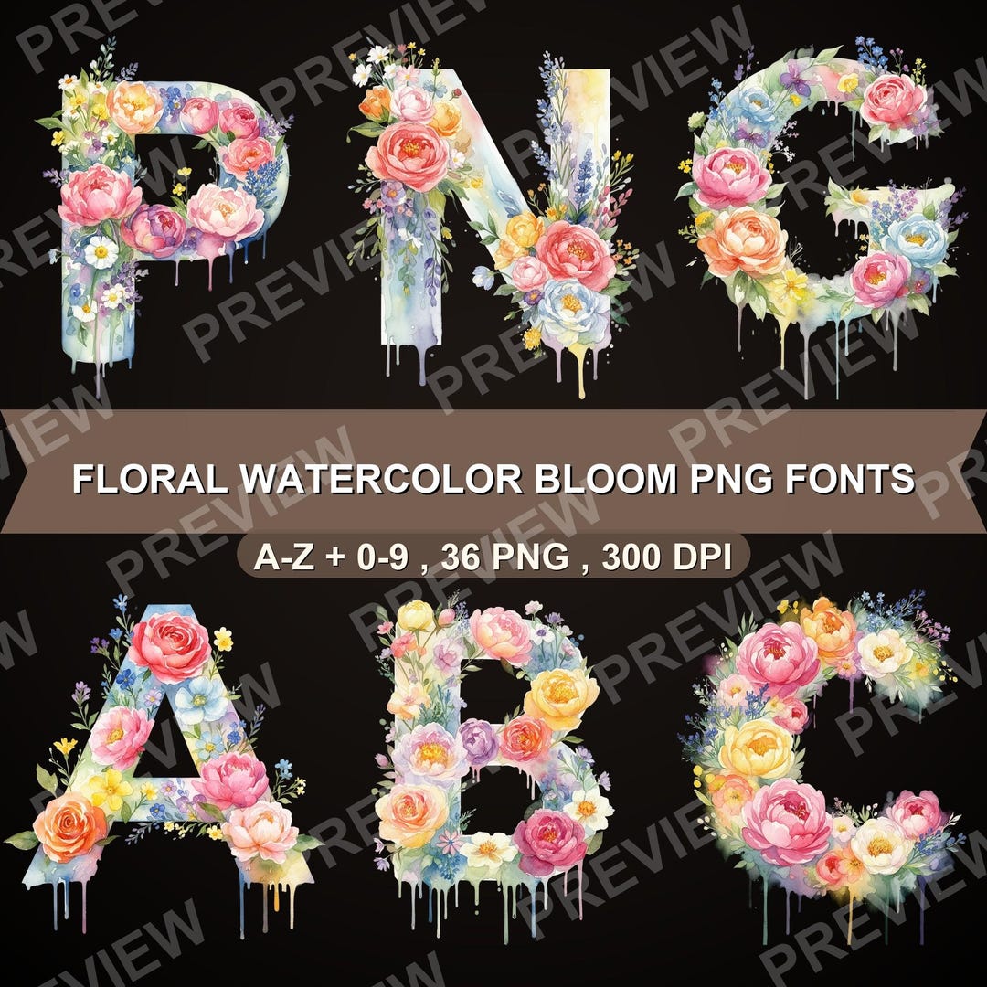 Watercolor Bloom Alphabet Clipart, Floral Letters Numbers PNG (digital ...