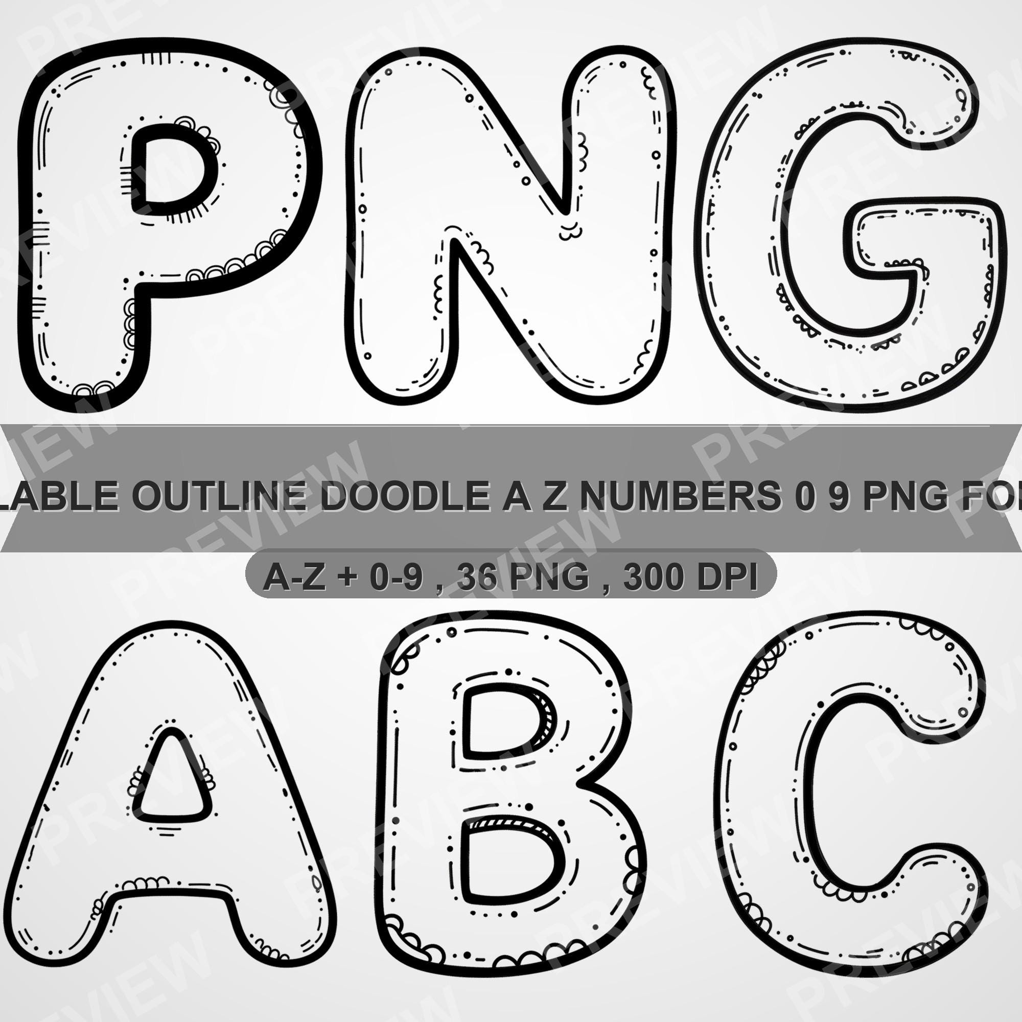 Fillable Doodle Alphabet Clipart PNG, Outline Letters Numbers (digital ...