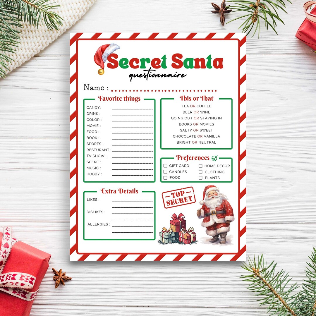 Secret Santa Questionnaire Printable Christmas Holiday Party - Etsy ...