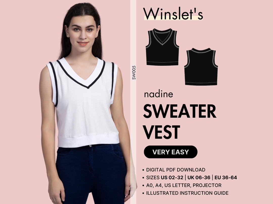 Sweater Vest Pattern| Sleeveless Cropped Sweater Vest Sewing Pattern ...