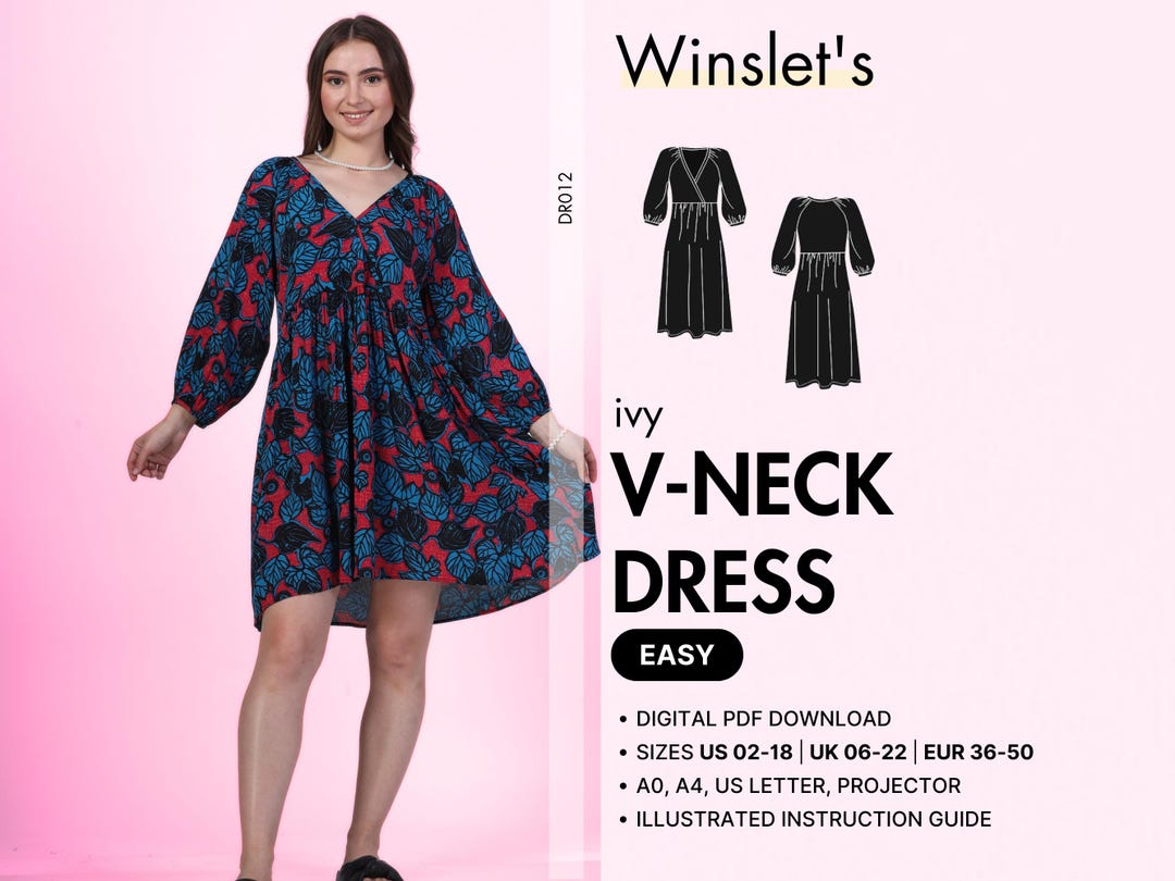 V Neck Dress Pattern| Midi Dress Pattern| Long Sleeves Midi Dress ...