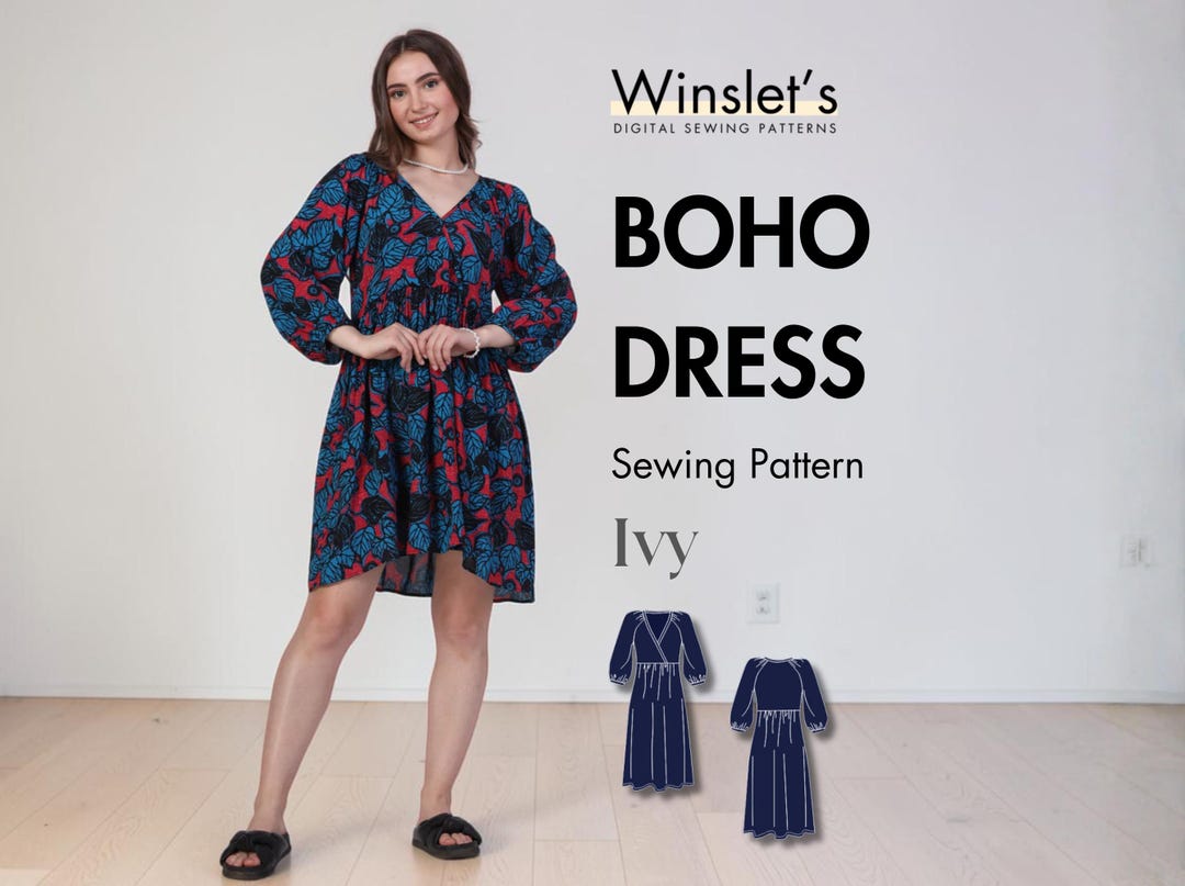V Neck Dress Pattern| Midi Dress Pattern| Long Sleeves Midi Dress ...