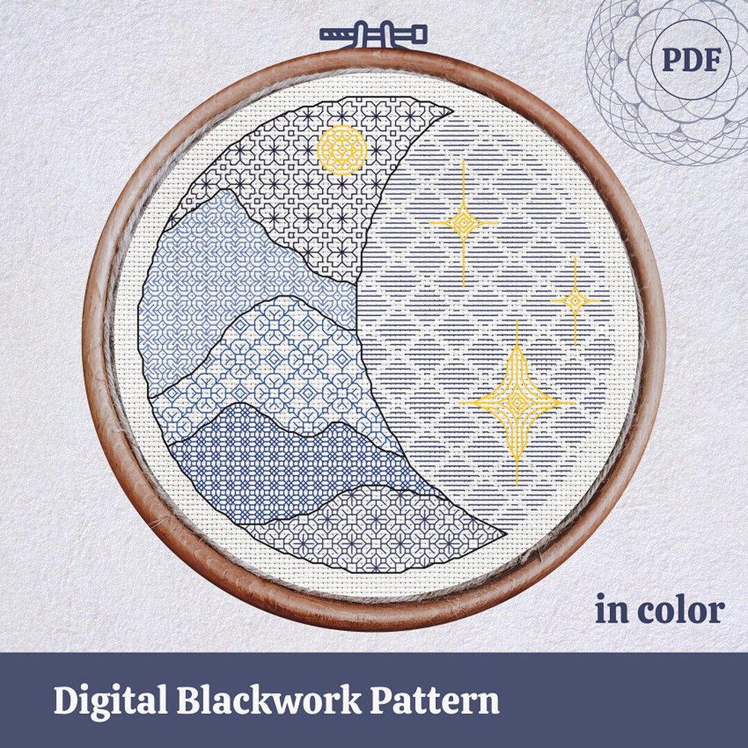 Landscape Embroidery Digital Pattern - Moon Scenery With Mountains in ...