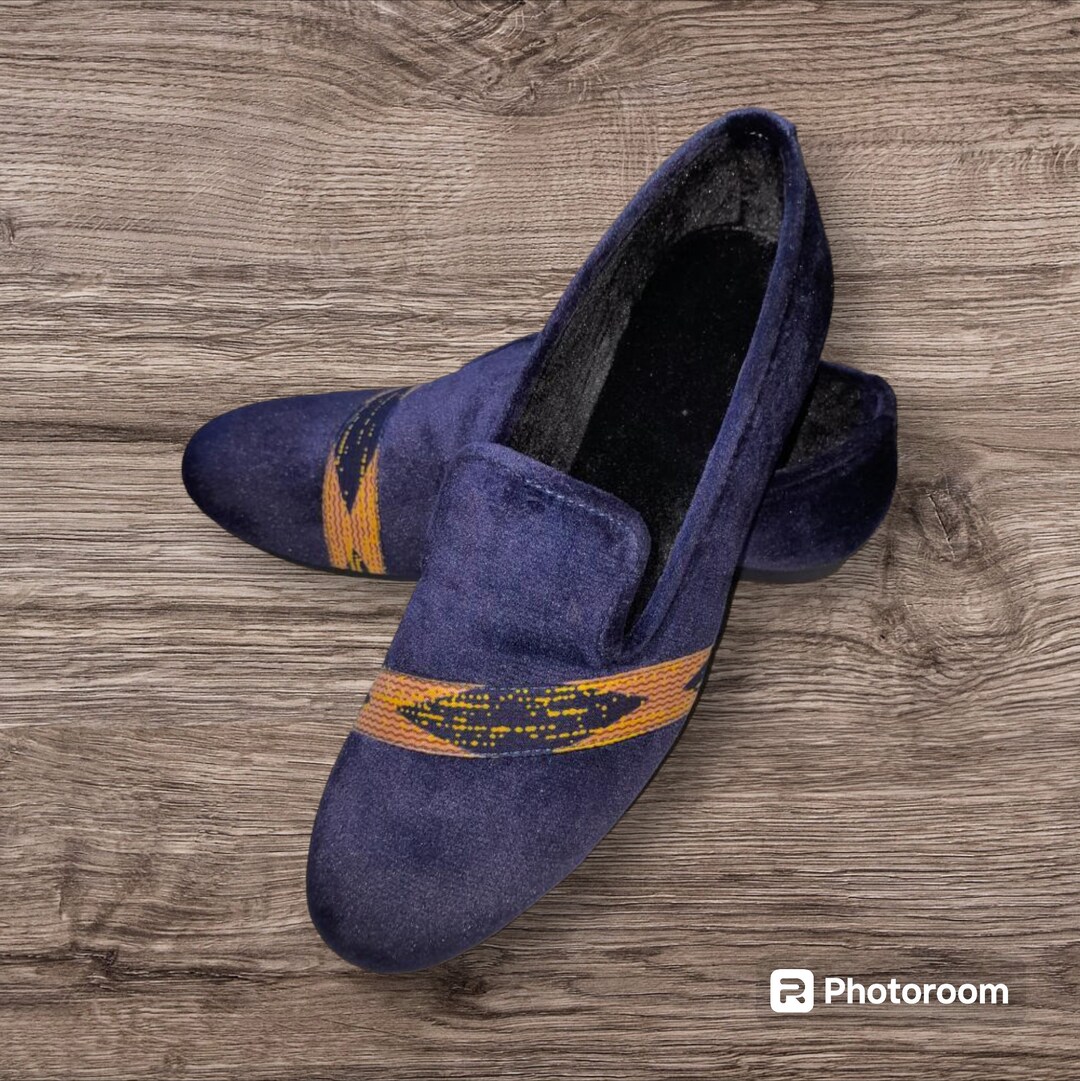 Navy Blue Velvet Moccasin With Design - Etsy