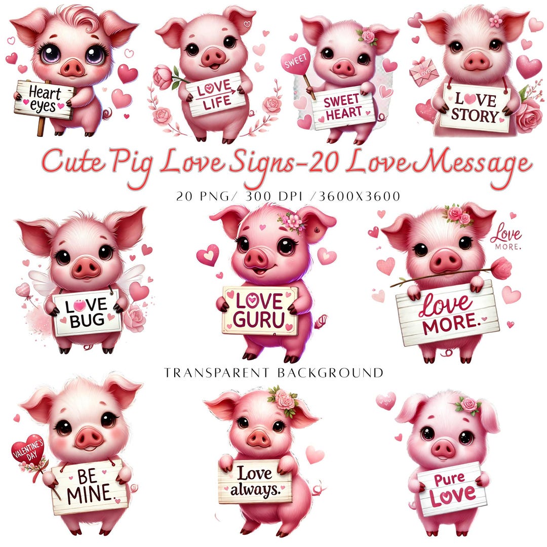 Pig Clipart | Kawaii Piggy Love Signs | Valentine’s Day Digital ...
