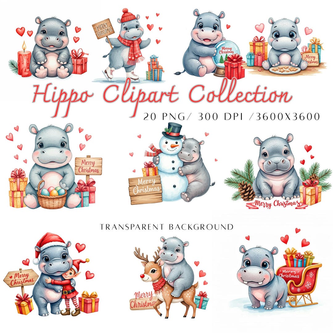 Cute Hippo Christmas Clipart | 20 PNG Files | Kawaii Animal ...