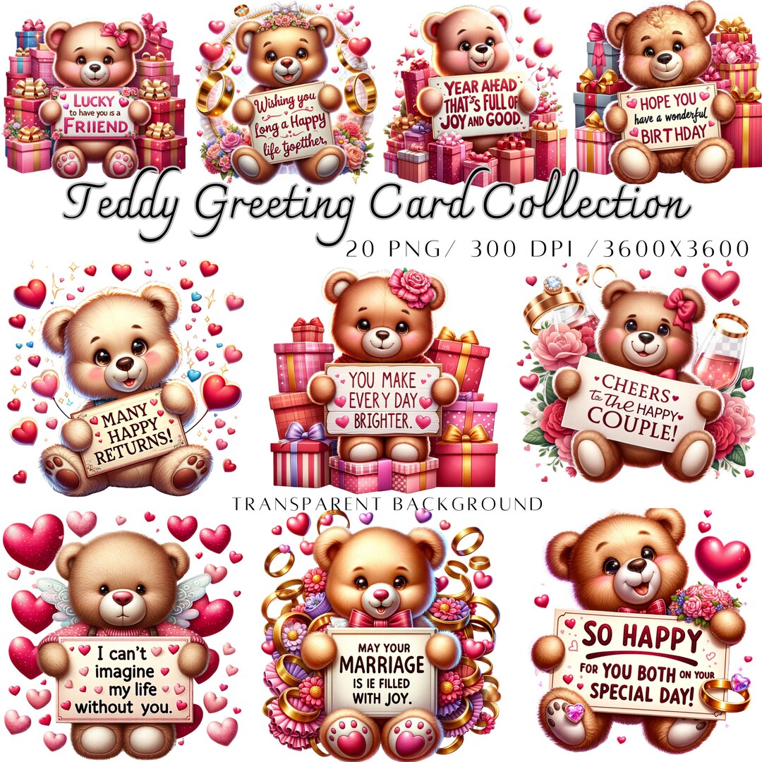 Teddy Clipart Greeting Card Collection, Download Printable, 20 PNG ...