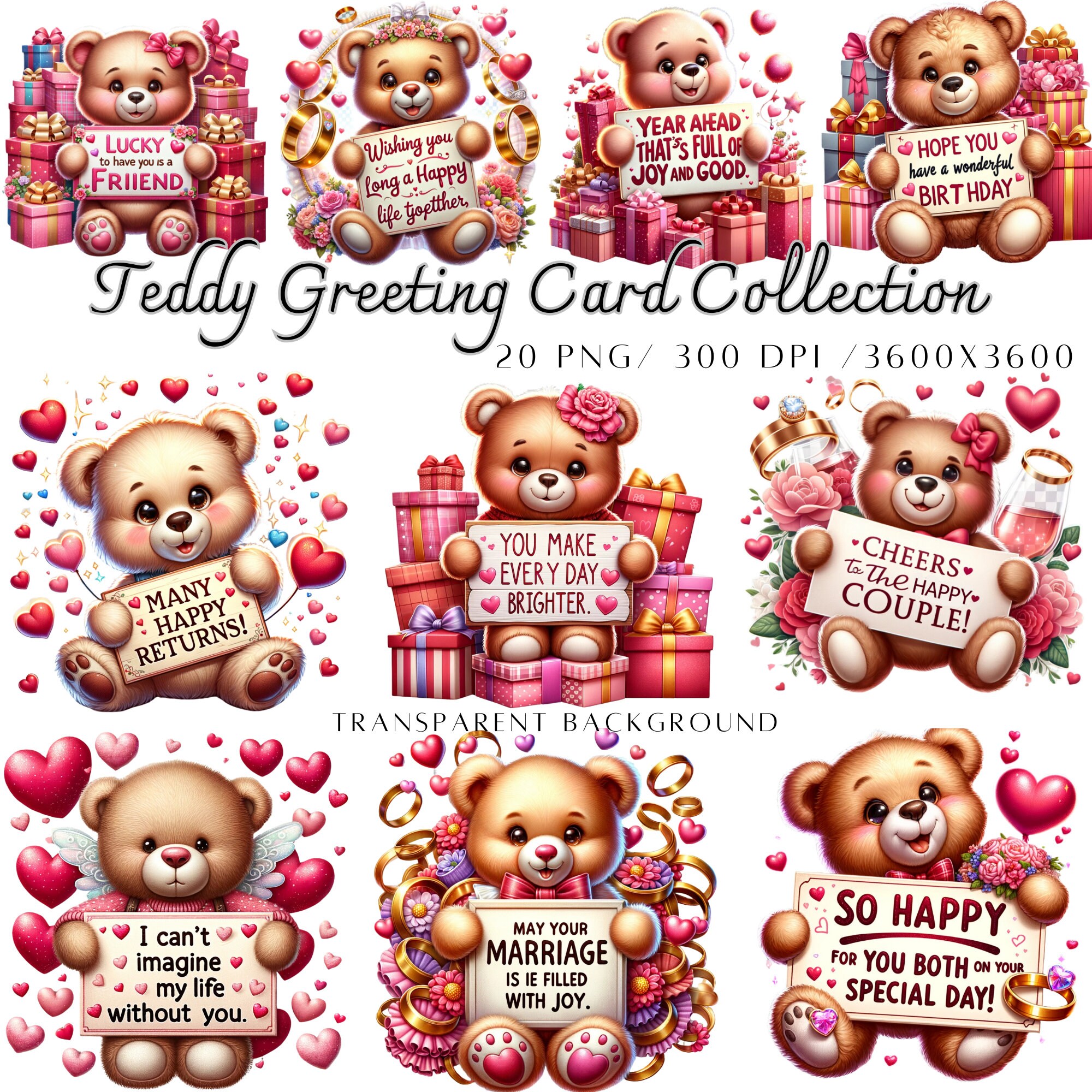 Teddy Clipart Greeting Card Collection, Download Printable, 20 PNG ...
