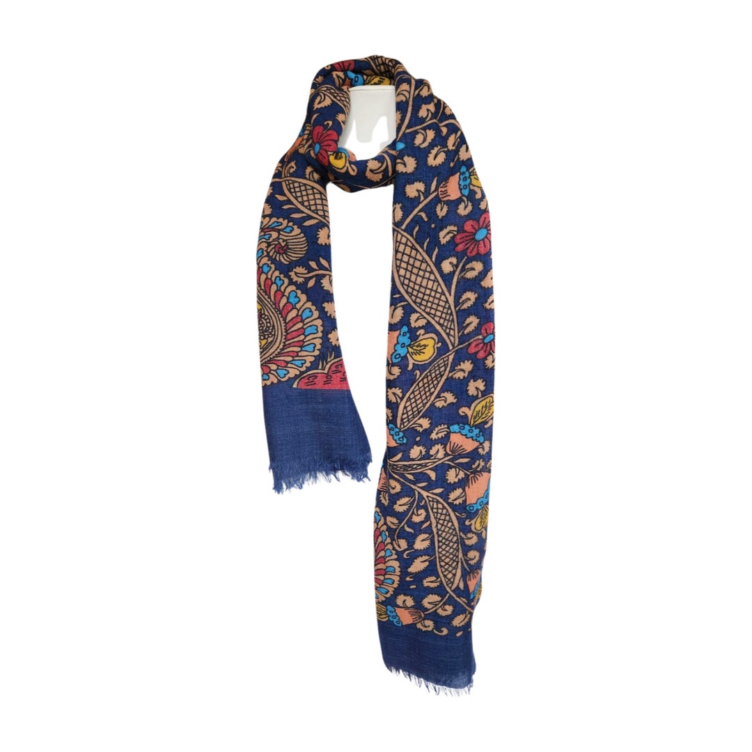 Flower Paisley Blue Base Pure Wool Scarf or Shawl - Etsy