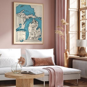 Vintage Map Poster - Retro Michigan Map Print - Michigan State Map Art ...