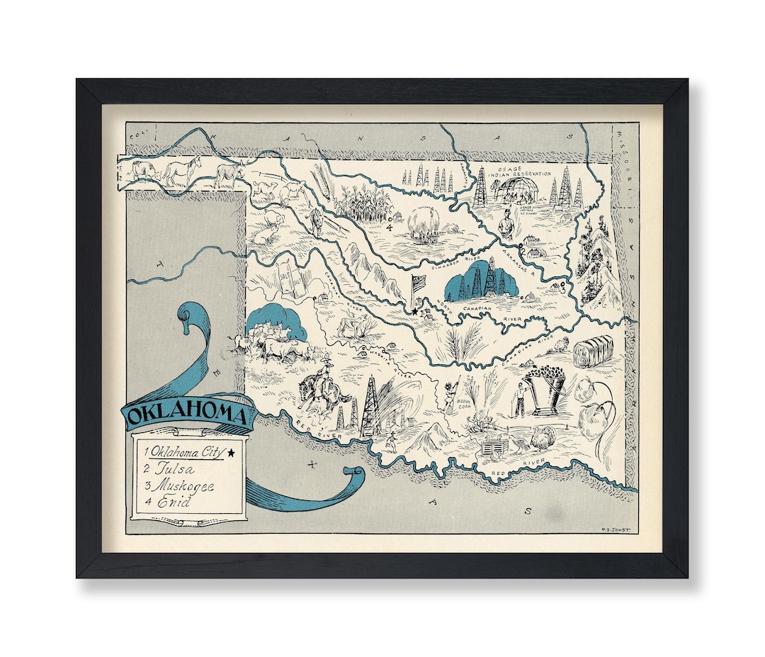 Vintage Map Poster - Retro Oklahoma Map Print - Oklahoma State Map Art ...