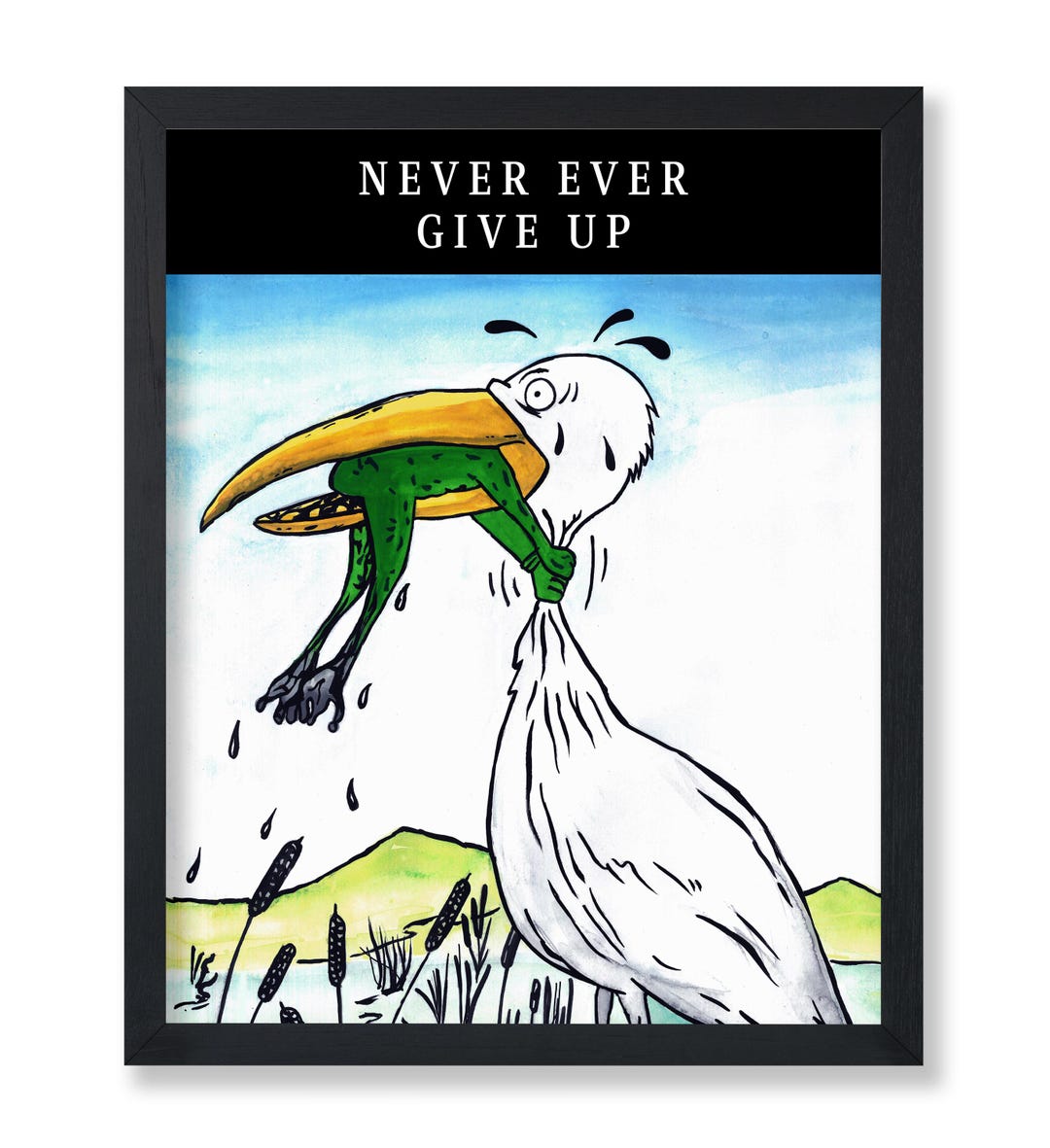 Never Ever Give up Poster - Crane & Frog Print - Motivational Quote Art ...