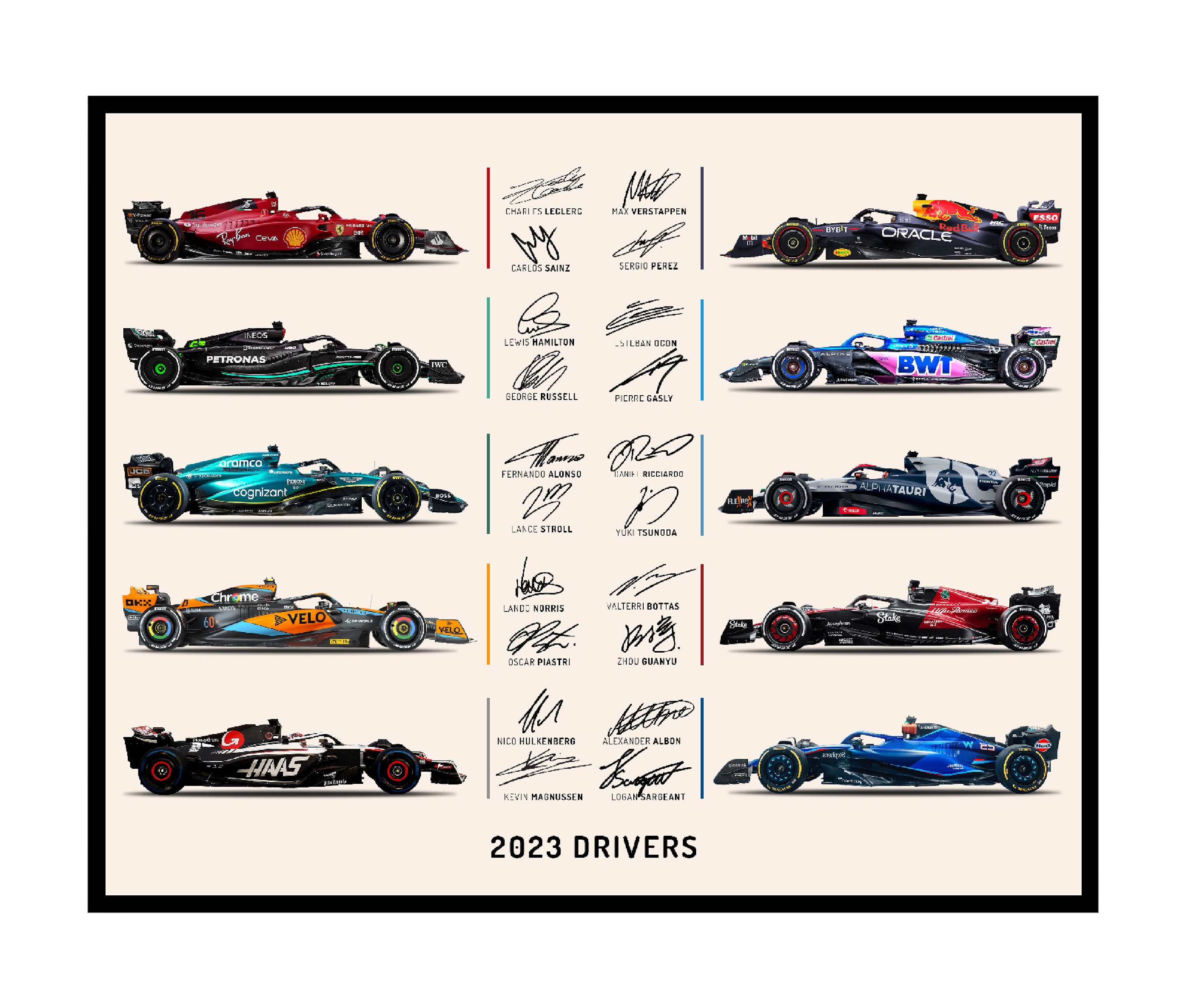 2023 Drivers Poster Cars & Drivers Signatures Print Car Racing Art Gift ...