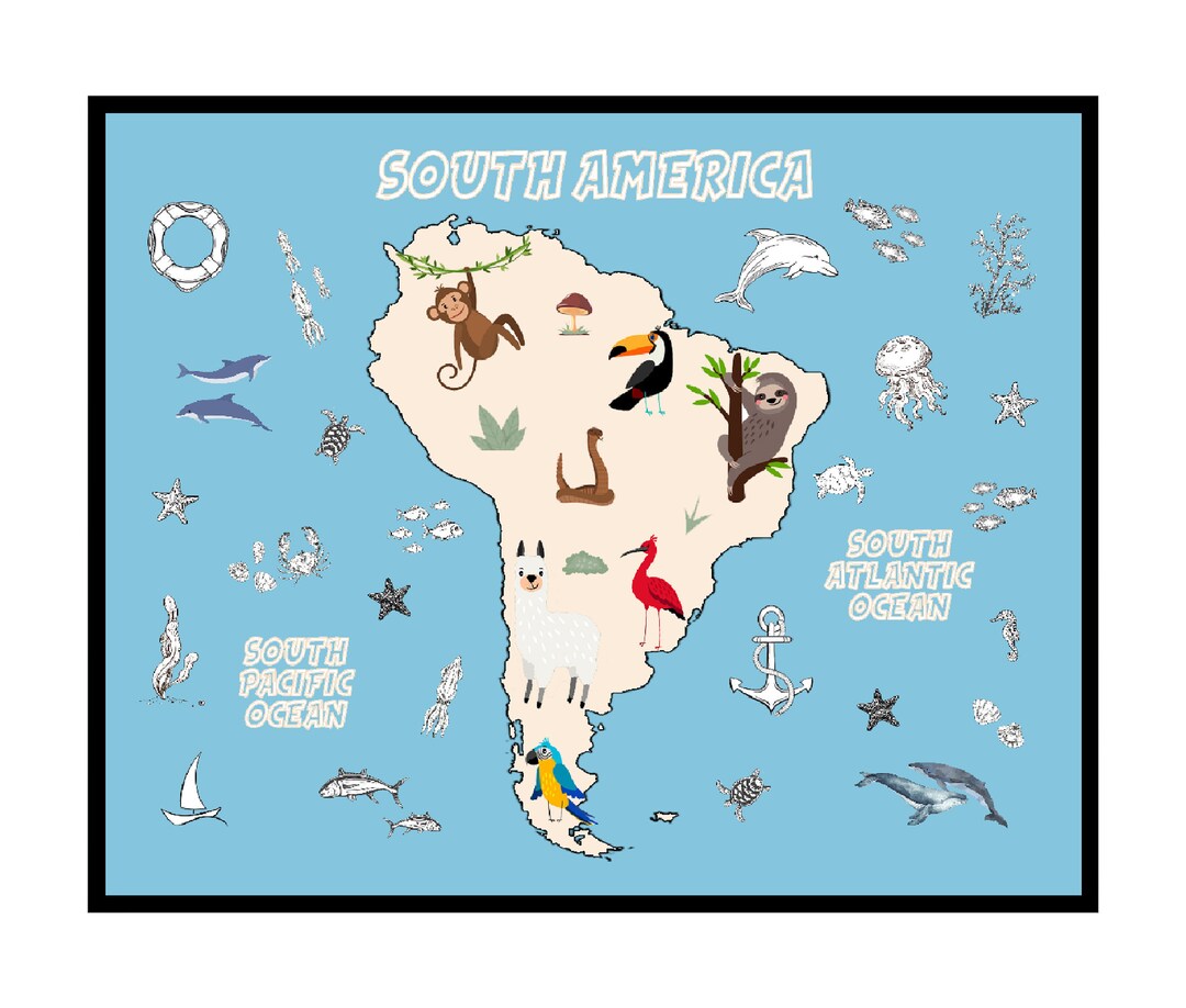 South America Continent Map Poster Animal Map Print Learning Materials ...