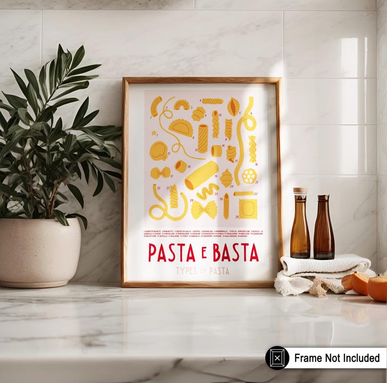 Vintage Illustration Poster - Retro Food Print - Types of Pasta, Yellow ...