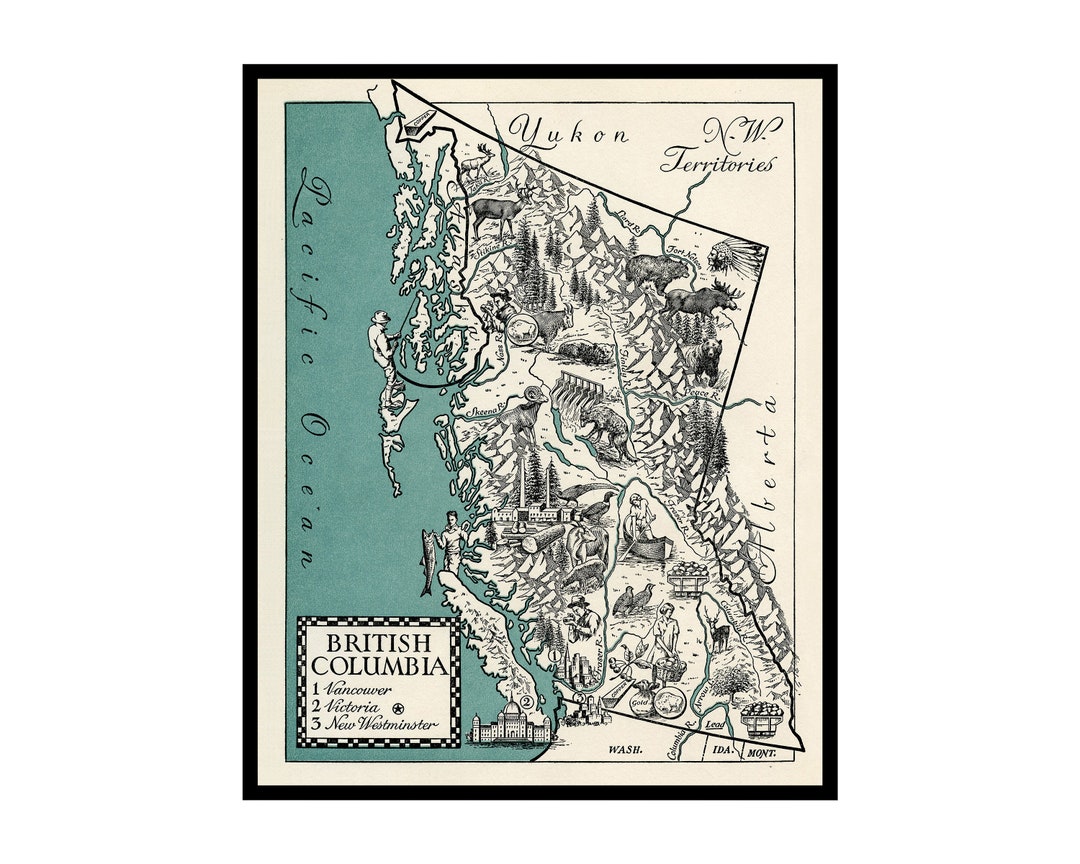 Vintage Map Poster British Columbia Map Print British Columbia Province Map Art Decor For
