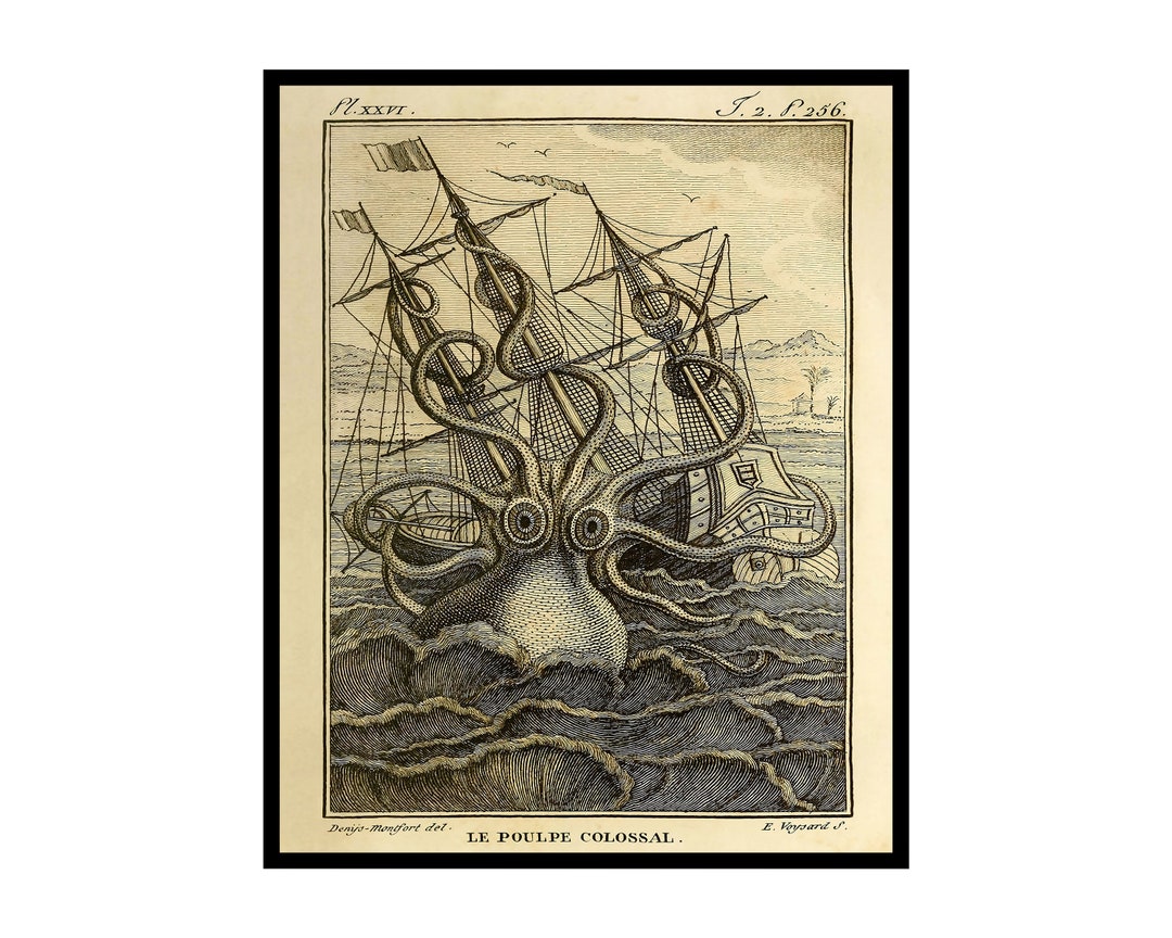 Vintage Colossal Octopus Poster Retro Giant Octopus and Ship Print ...