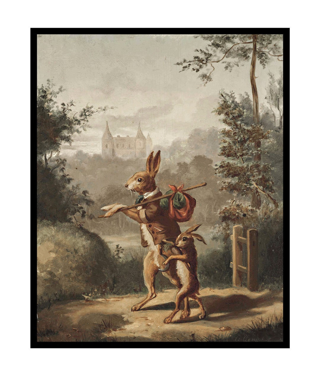Vintage Two Hares With A Knapsack Poster Retro A Castle Beyond Print ...