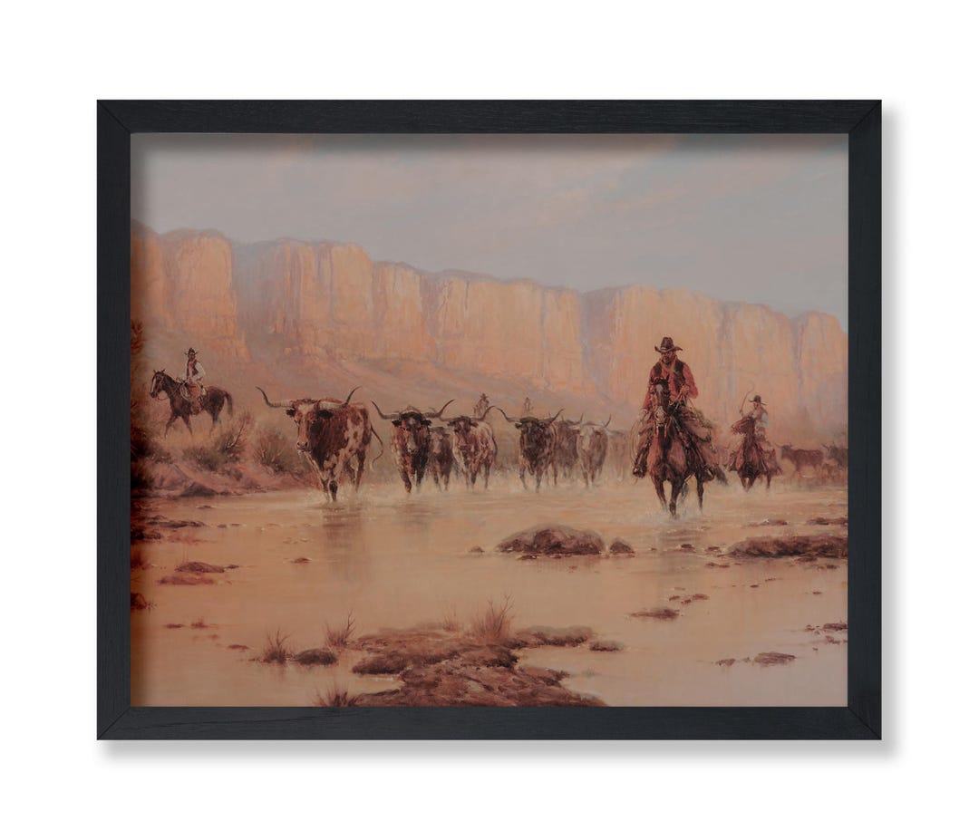 Vintage Cowboy Poster - Rio Grande Crossing Print - Wild West Art ...
