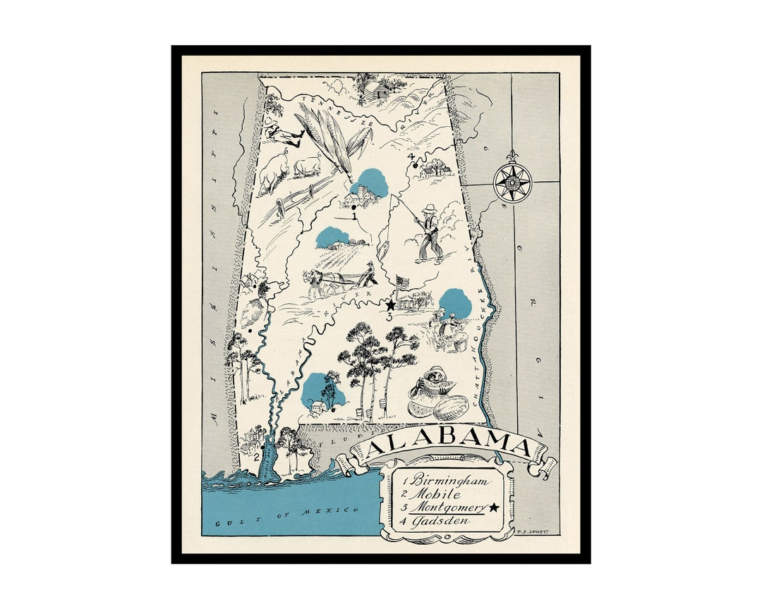 Vintage Map Poster Retro Alabama Map Print Alabama State Map Art Wall ...