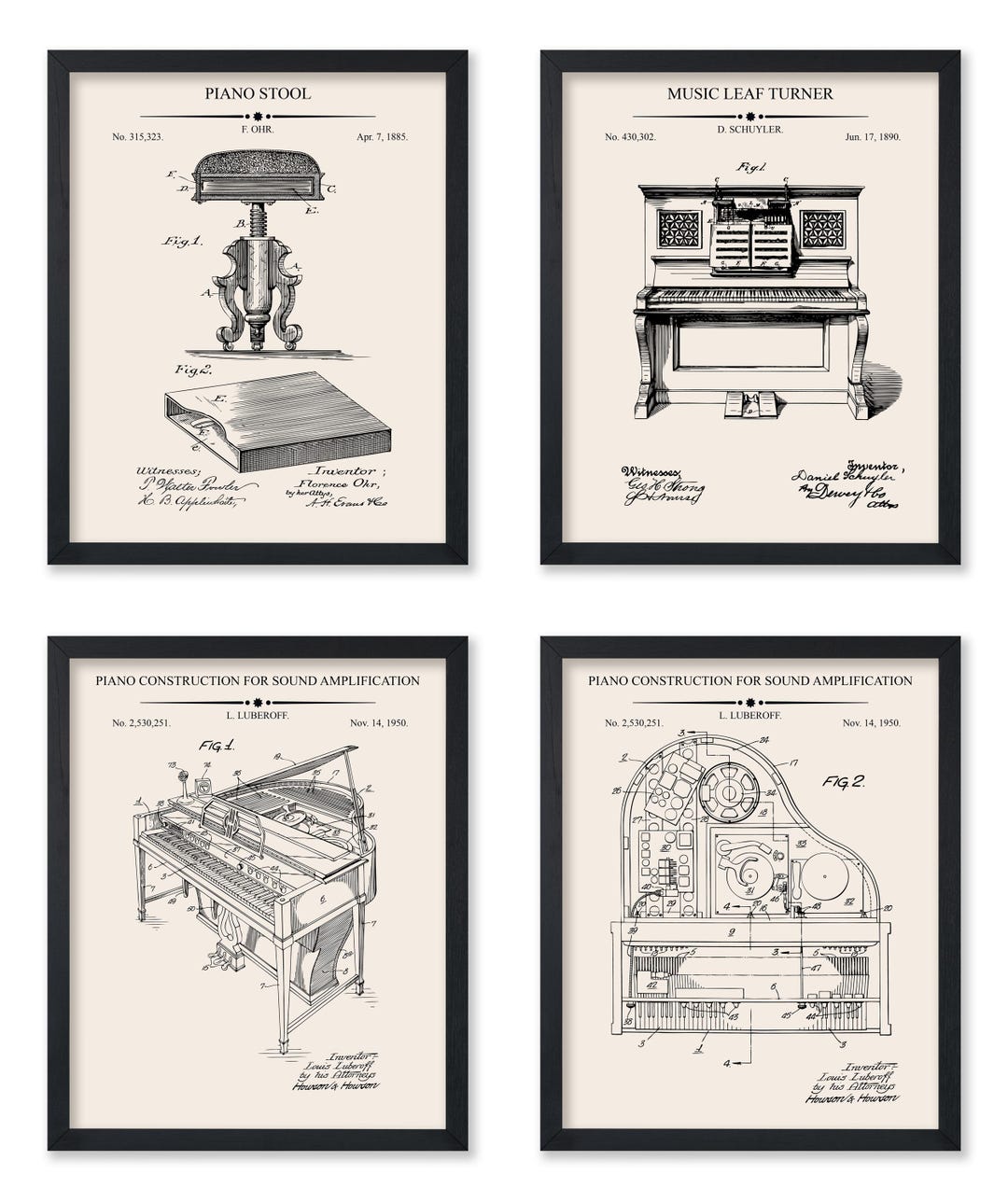 4-piece Piano Blueprint - Patent Print - Music Room Decor - Pianist and ...