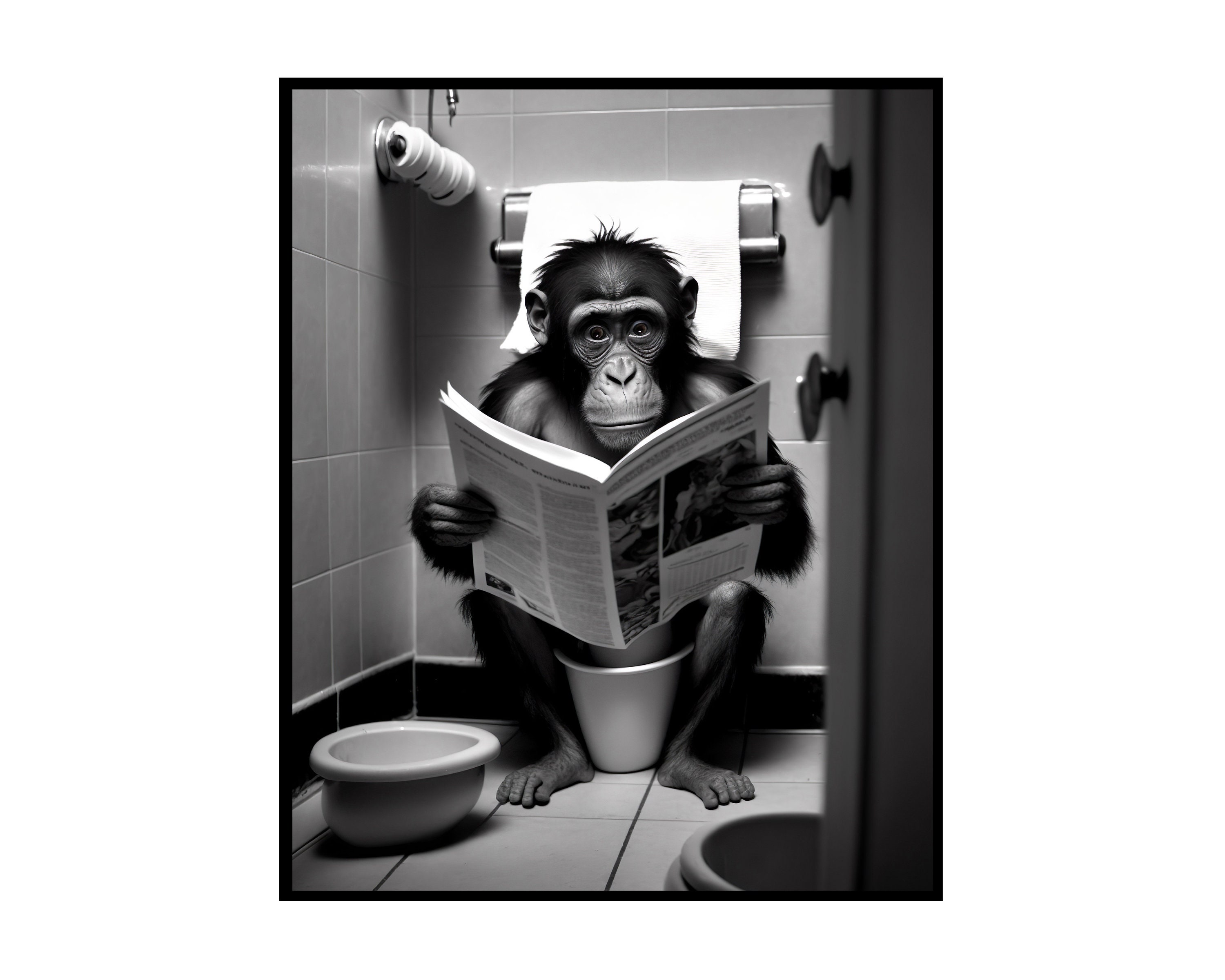 Monkey Sitting on Toilet Poster Monkey Reading Newspaper Print Funny ...