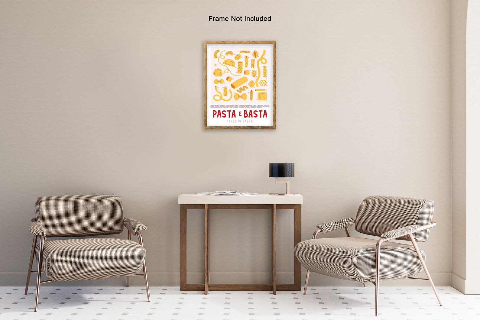 Vintage Illustration Poster Retro Food Print Types of Pasta, Yellow ...