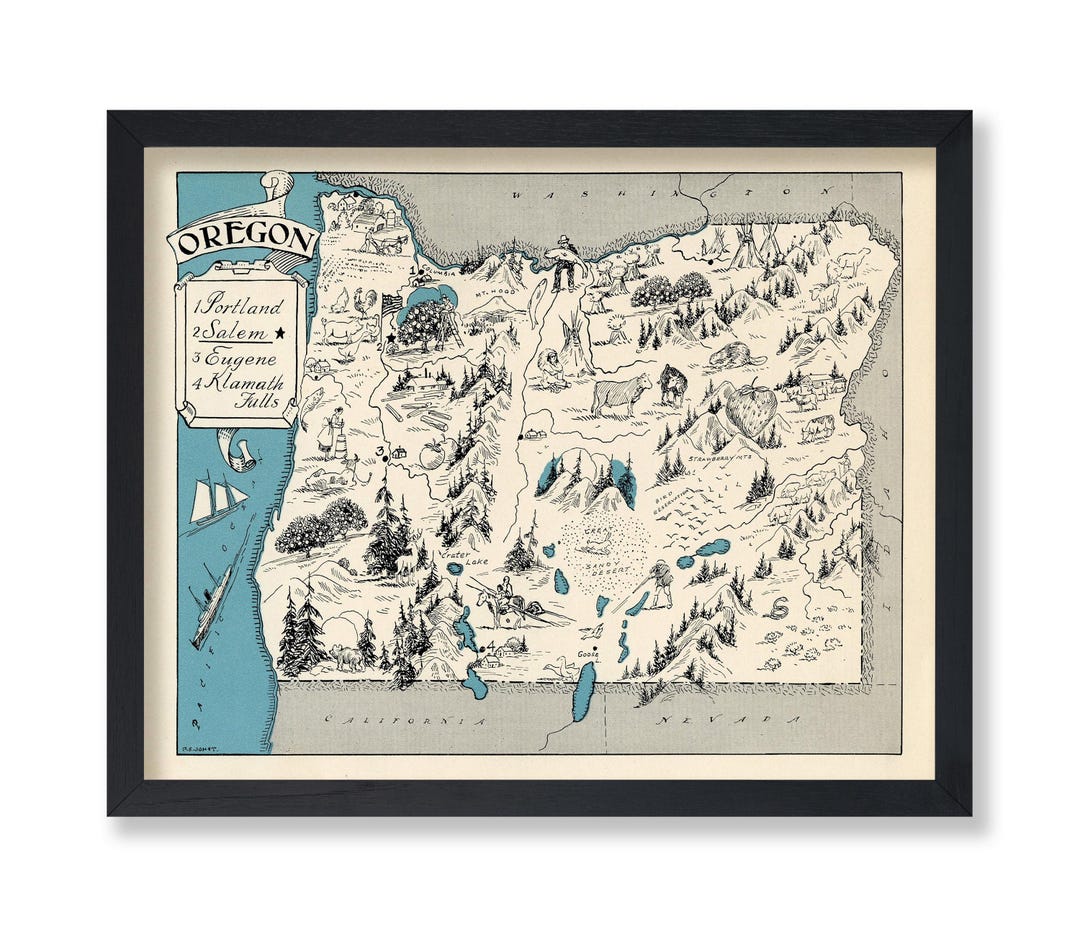 Vintage Map Poster - Retro Oregon Map Print - Oregon State Map Art ...