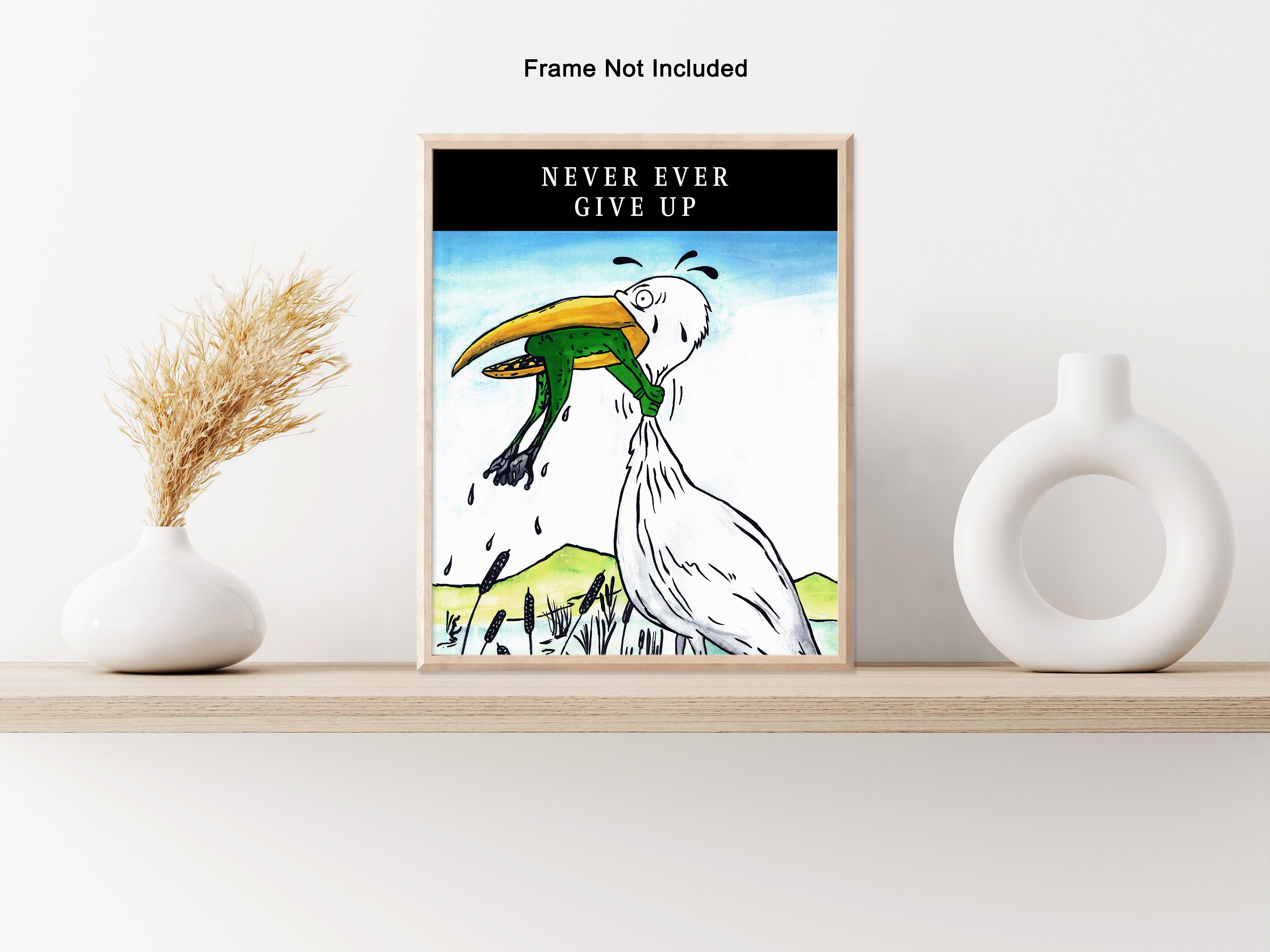 Never Ever Give up Poster Crane & Frog Print Motivational Quote Art ...
