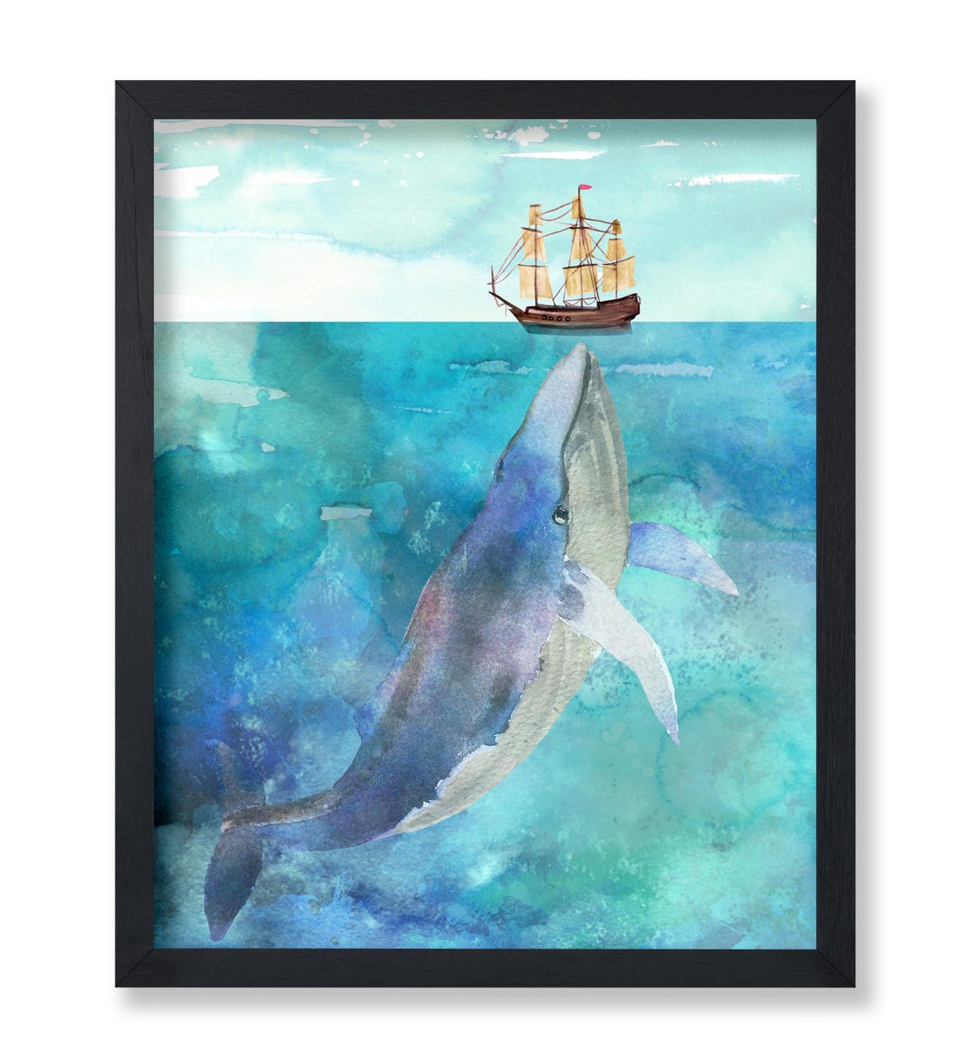 Vintage Whale Poster - Whale and Ship Print - Watercolor Art - Ocean ...