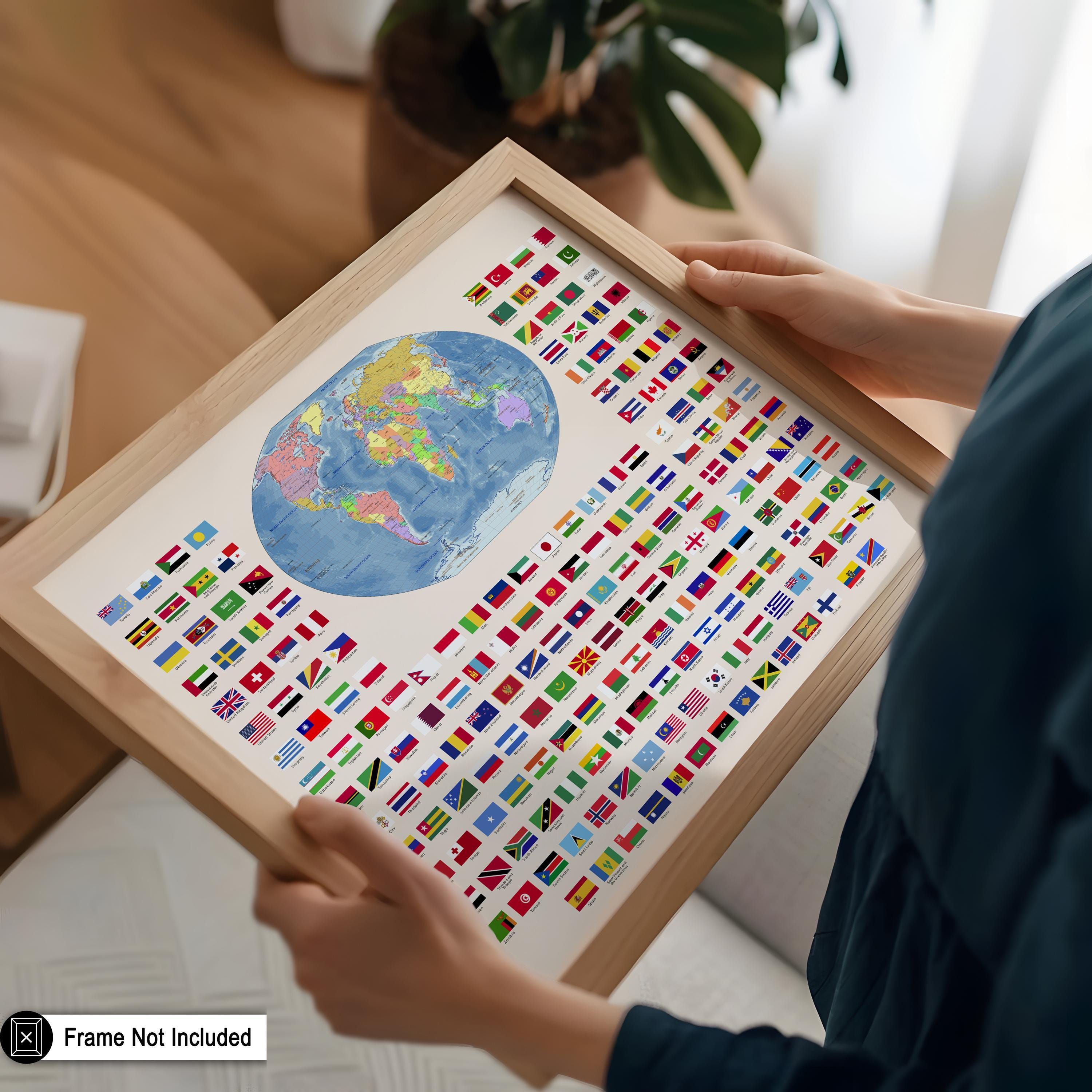 Flags of the World Poster - World Map Print - Learning Materials Art ...