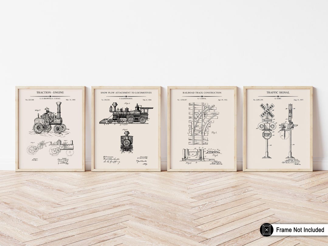4-piece Vintage Locomotive Blueprint Poster - Traction Engine Patent ...