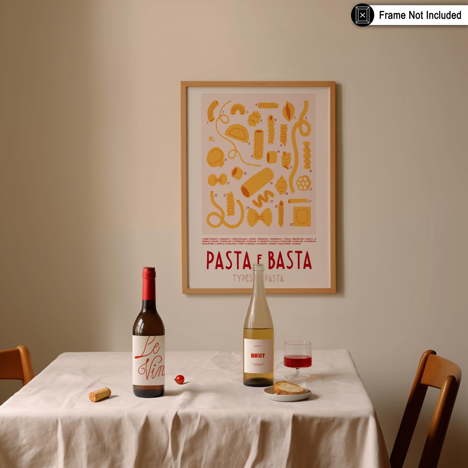 Vintage Illustration Poster - Retro Food Print - Types of Pasta, Yellow ...