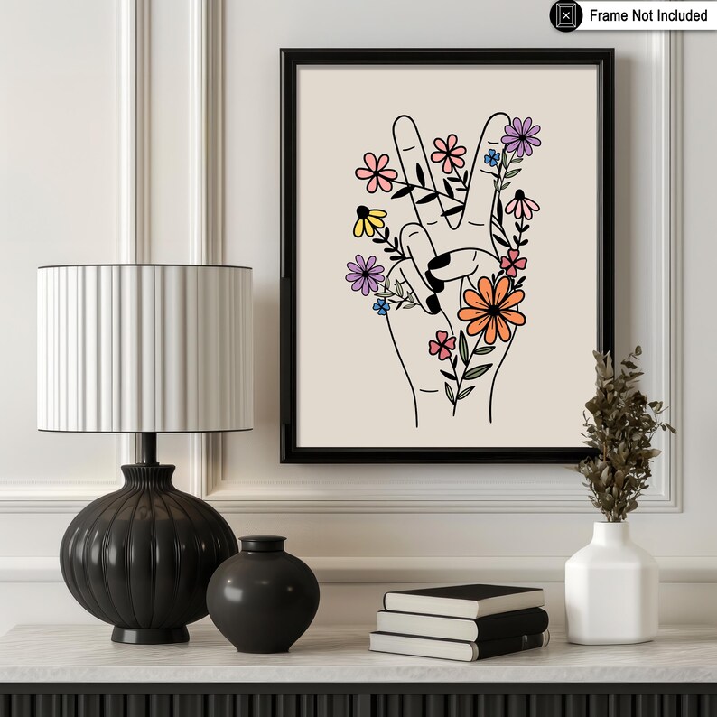 Peace Hand Poster - Retro Flower Print - Hippie Art - Peace & Love Art ...