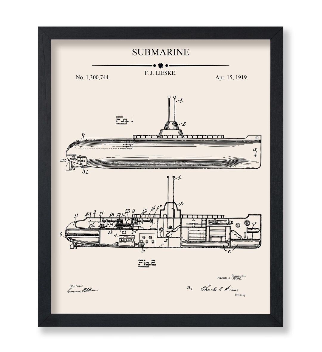 Vintage Submarine Blueprint Poster - Watercraft Patent Print ...