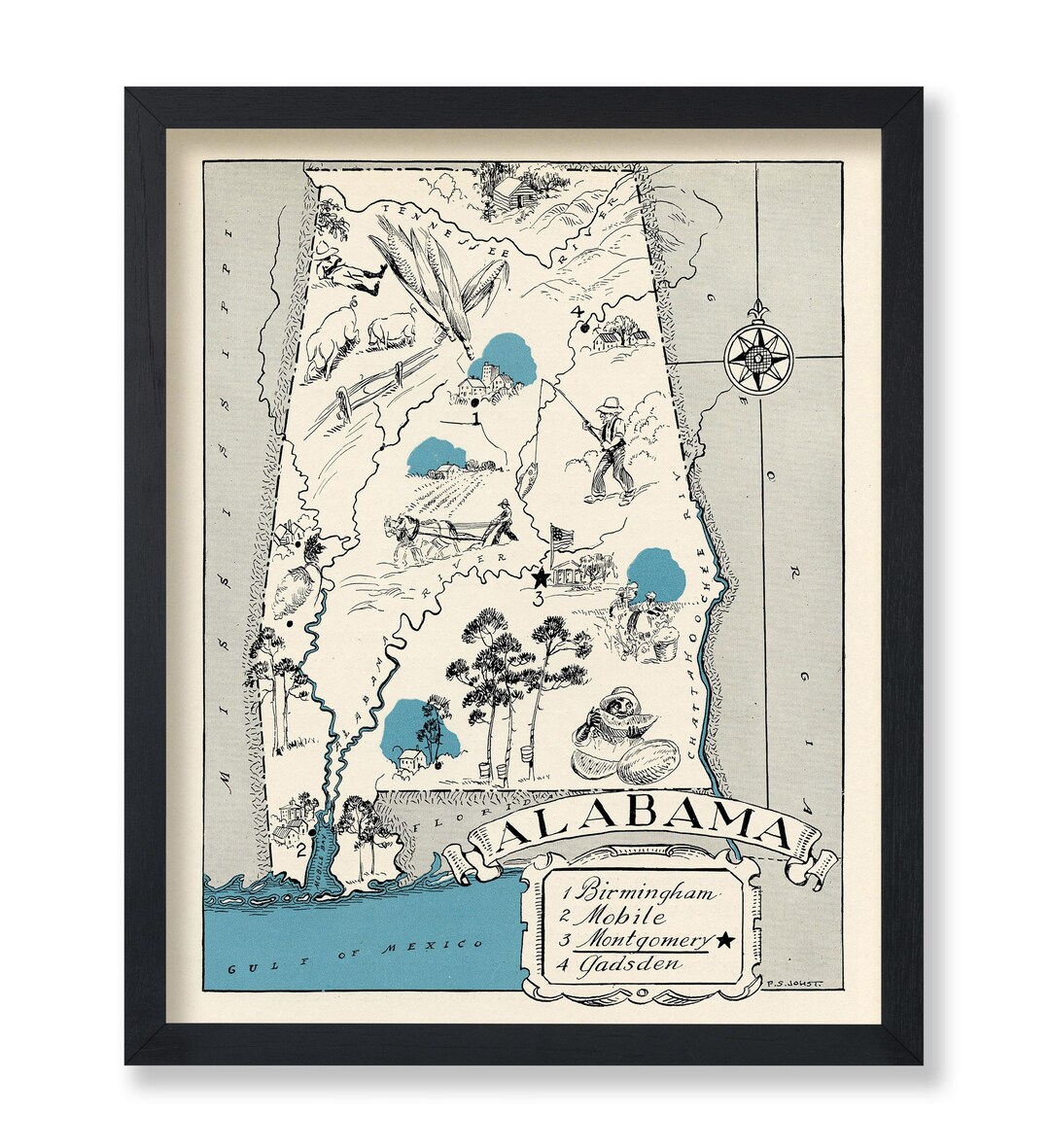 Vintage Map Poster - Retro Alabama Map Print - Alabama State Map Art ...