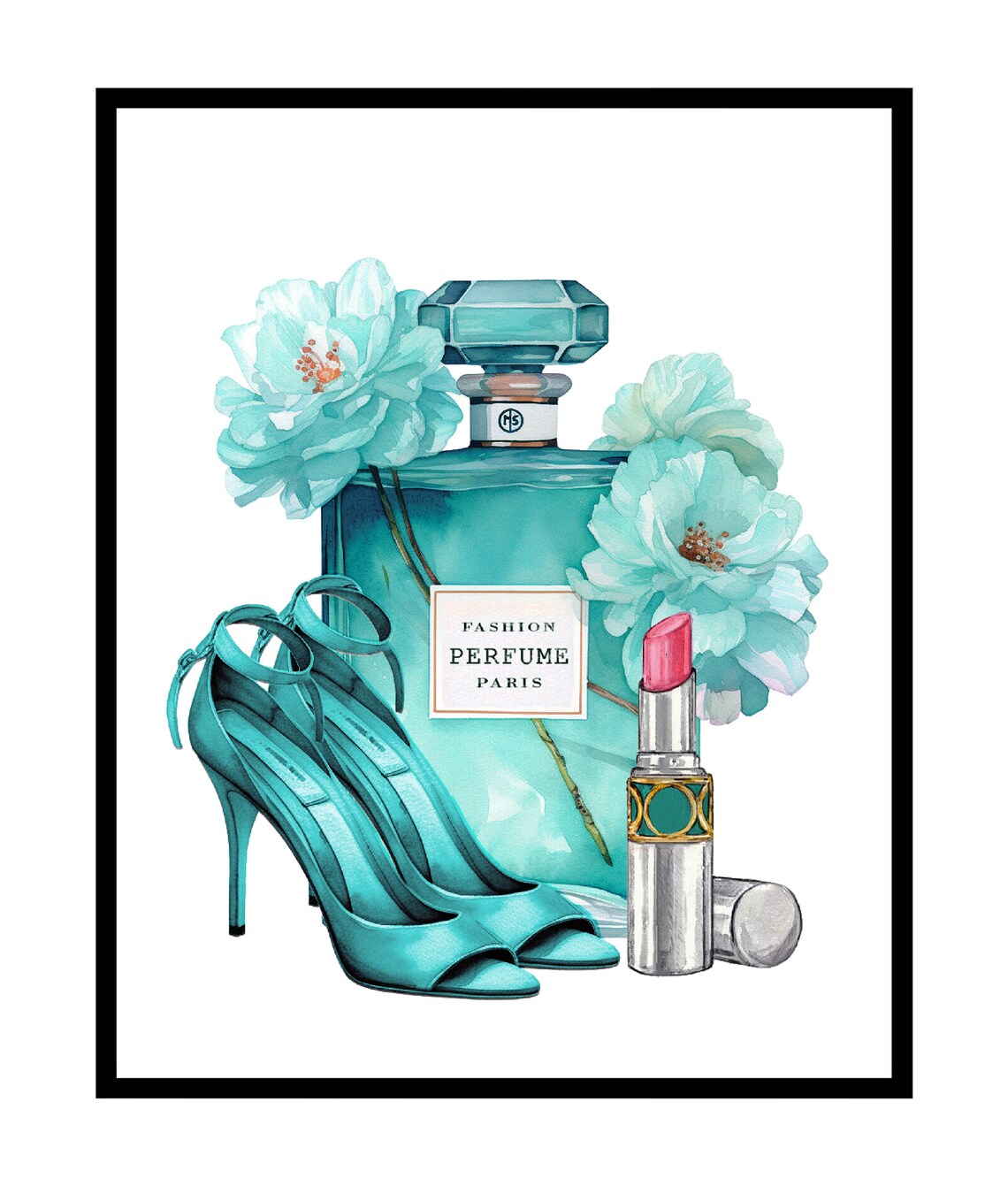 Fashion Poster Turquoise Blue Designer Print Shoes, Perfume, Lipstick ...