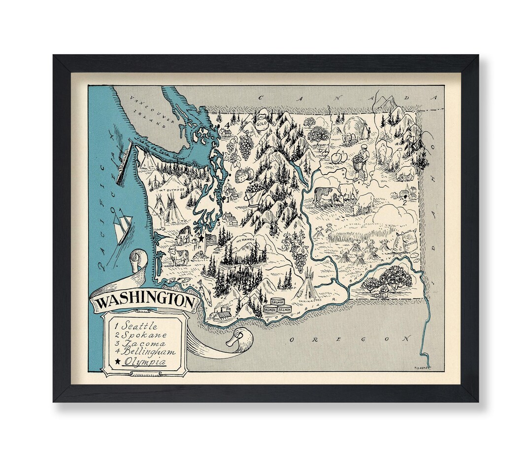 Vintage Map Poster - Retro Washington Map Print - Washington State Map ...